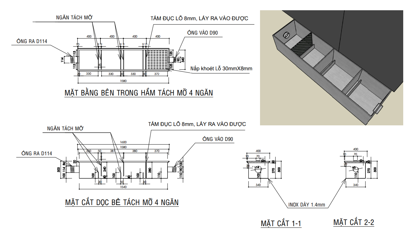 Bản vẽ bể tách mỡ kích thước 1600x400x300 mm có 4 ngăn